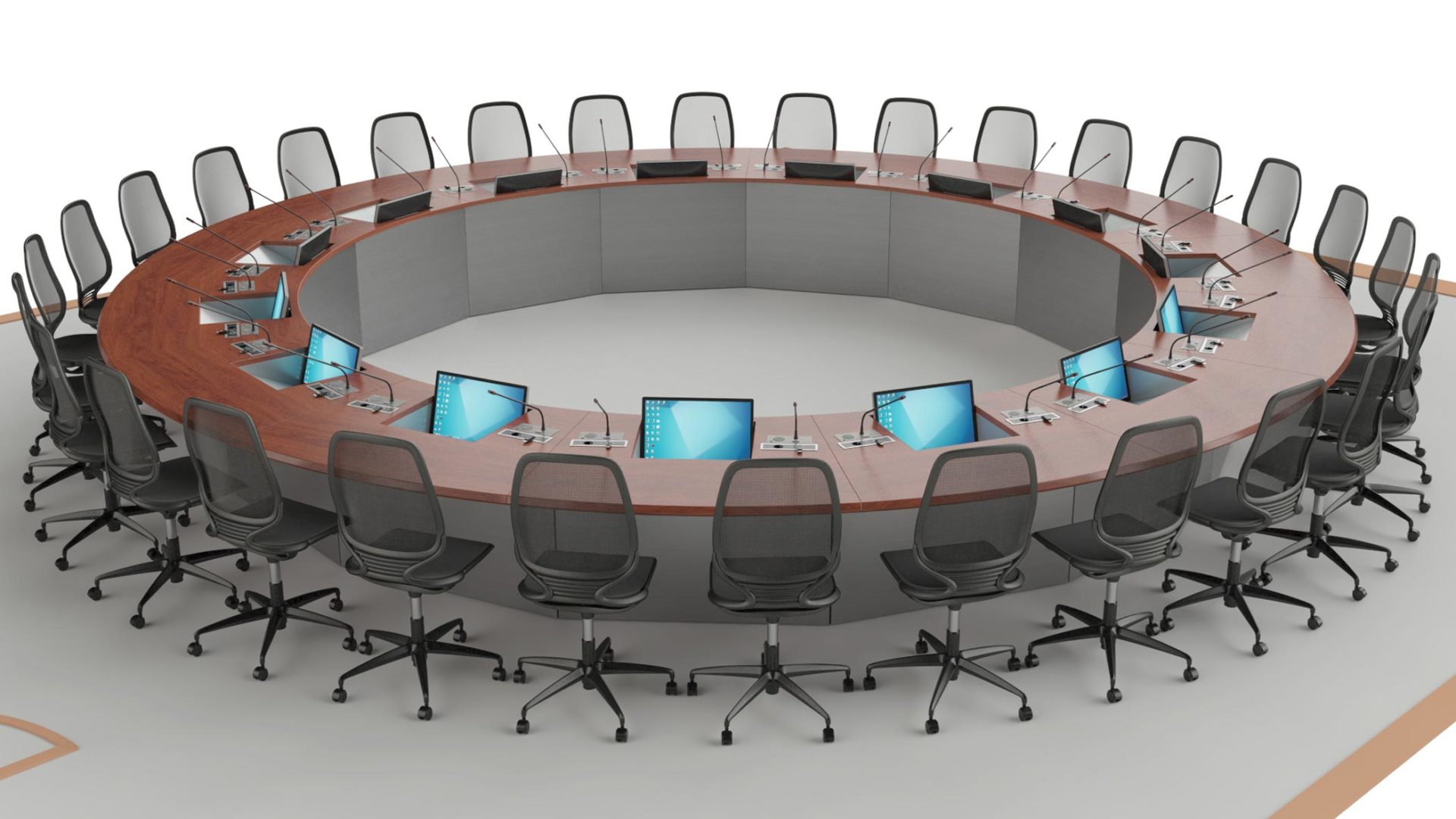 Table de conférence ronde, équipée d'écrans escamotables et de micros