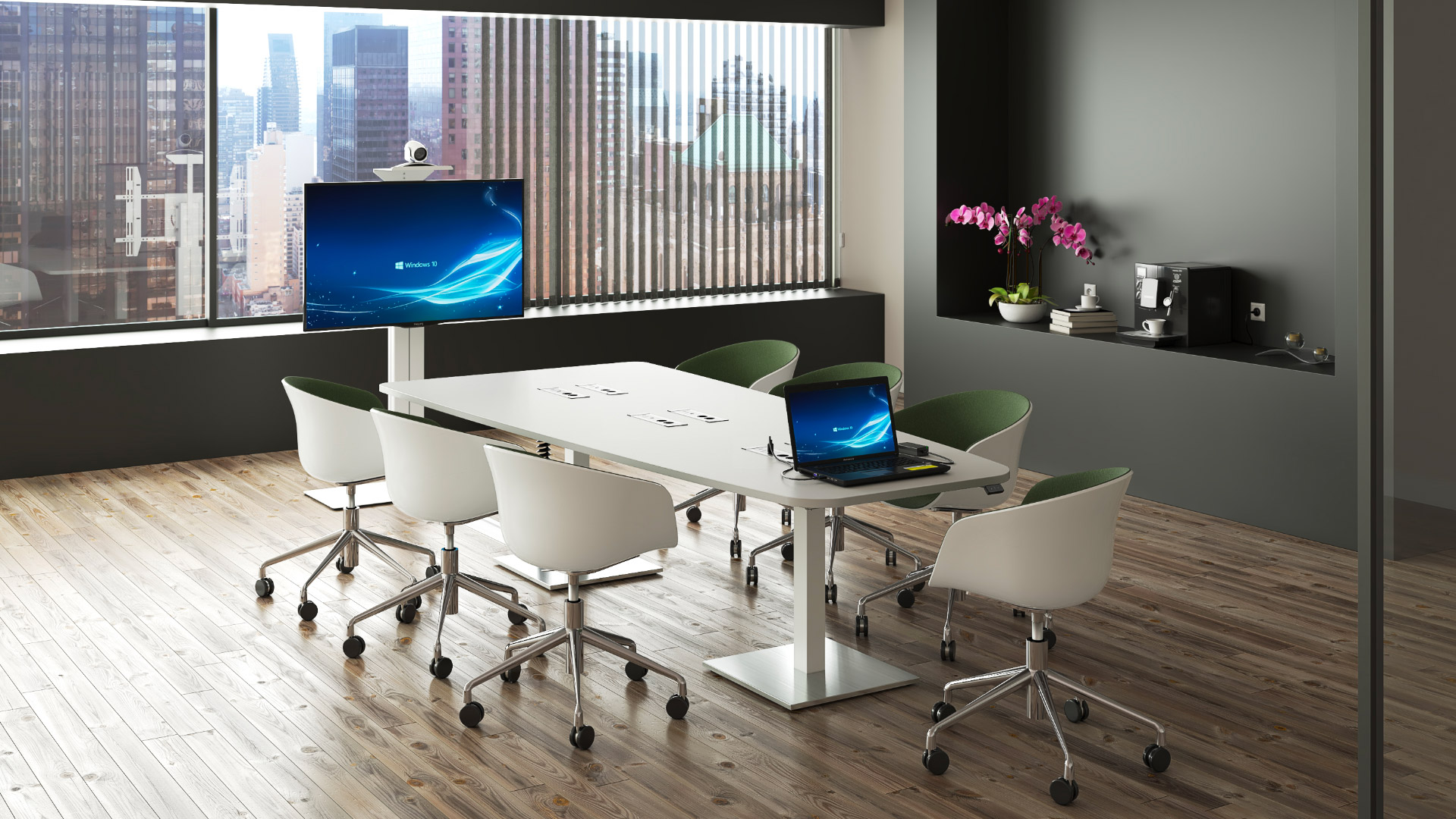 Tables de visioconférence et de travail collaboratif régables en hauteur